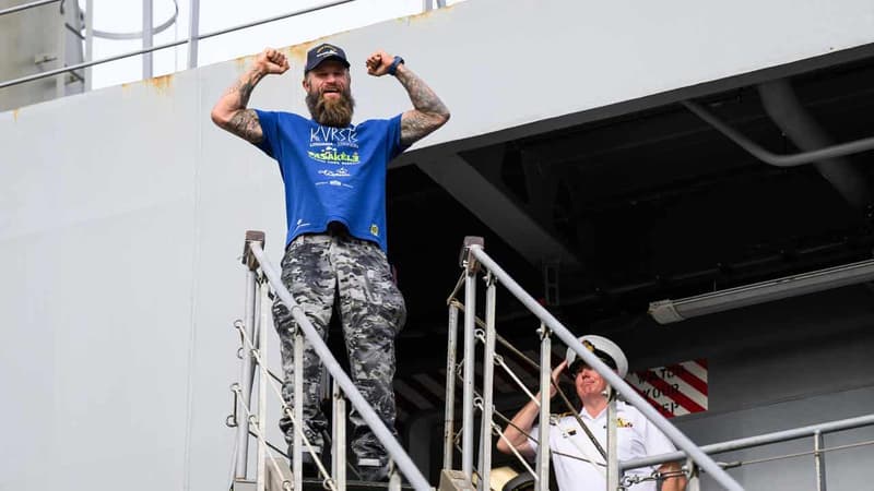 Rescued rower 'in awe' after emotional return to land
